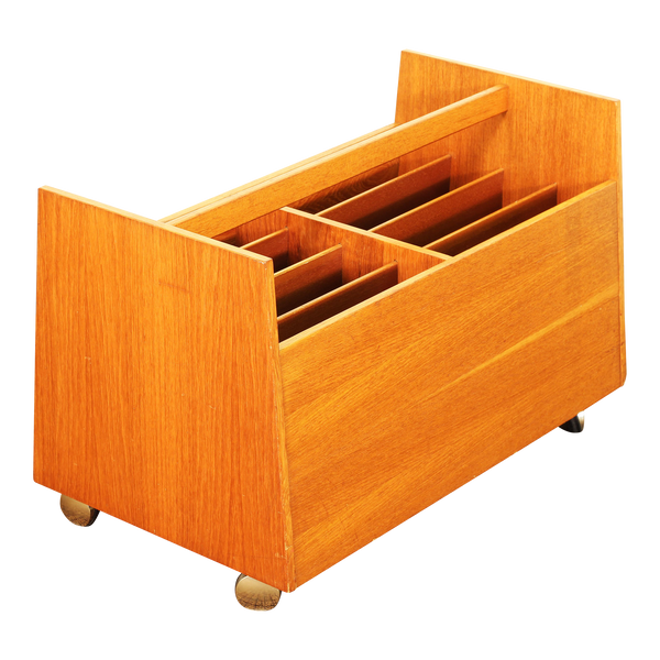 Vintage Bruksbo Teak Rolling Magazine or Record Storage Rack - Norway ...